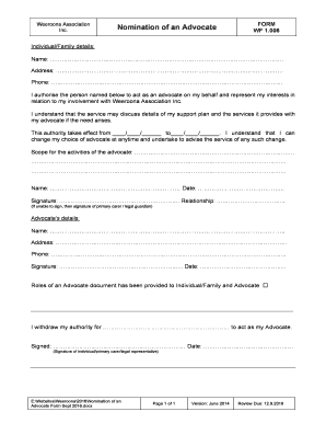 Fillable Online Nomination of an Advocate Form Sept 2016 - Weeroona ...