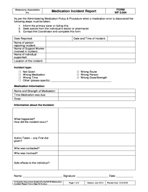 Fillable Online Weeroona Association Medication Incident Report FORM ...
