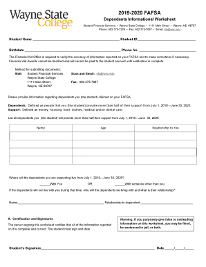 Fillable Online 2019-20 Dependent Information Worksheet - FAFSA ...
