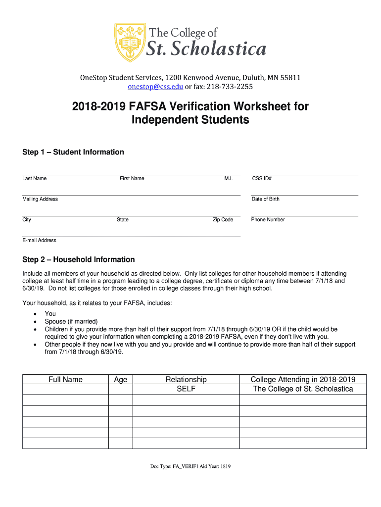 Fillable Online resources css 2018-2019 FAFSA Verification Worksheet ...