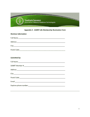 Fillable Online Appendix A - SAMRT Life Membership Nomination Form Fax ...