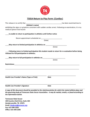 Fillable Online TSSSA Return to Play Form: (Cardiac) - American Eagle ...