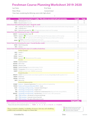 Fillable Online Freshman Course Planning Worksheet 2019-2020 Fax Email ...