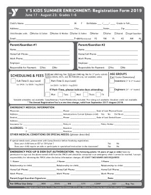 Fillable Online YS KIDS SUMMER ENRICHMENT: Registration Form 2019 Fax ...
