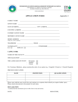 Fillable Online APPLICATION FORM Appendix 2 - usamvcluj.ro Fax Email Print - pdfFiller