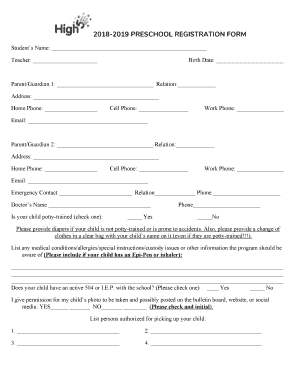 Fillable Online 2018-2019 PRESCHOOL REGISTRATION FORM - Fax Email Print - pdfFiller