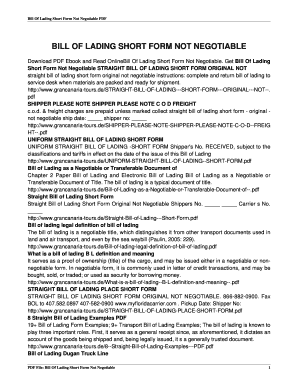 Fillable Online bill of lading short form not negotiable. Bill Of ...