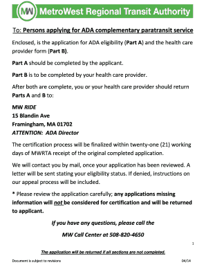 Fillable Online ADA RIDE Application A - MetroWest Regional Transit ...