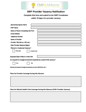Fillable Online SWP Provider Vacancy Notification Form. SWP Provider ...