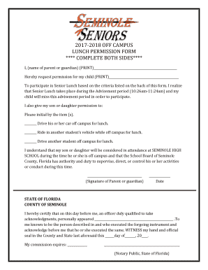 Fillable Online 2017-2018 OFF CAMPUS LUNCH PERMISSION FORM ...
