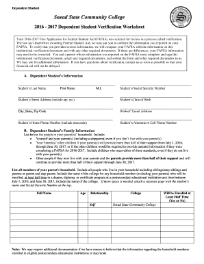 Fillable Online 2016 - 2017 Dependent Student Verification Worksheet Fax Email Print - pdfFiller