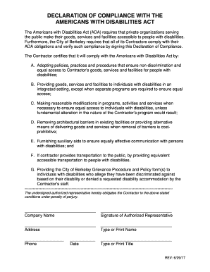 Fillable Online DECLARATION OF COMPLIANCE WITH THE AMERICANS WITH ...
