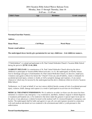 Fillable Online Vacation Bible School Waiver Release Form 2016.pages Fax Email Print - pdfFiller