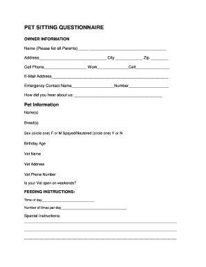 Fillable Online PET SITTING QUESTIONNAIRE Fax Email Print - pdfFiller