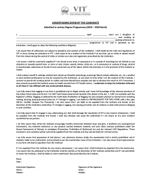 Fillable Online UNDERTAKING GIVEN BY THE CANDIDATE - vit.ac.in Fax ...