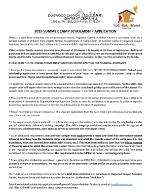 Fillable Online 2019 SUMMER CAMP SCHOLARSHIP APPLICATION Fax Email ...