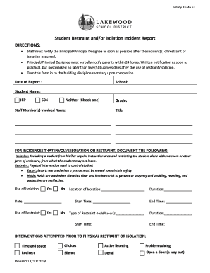 Fillable Online 3246 F1 Student Restraint and Isolation Incident Report ...