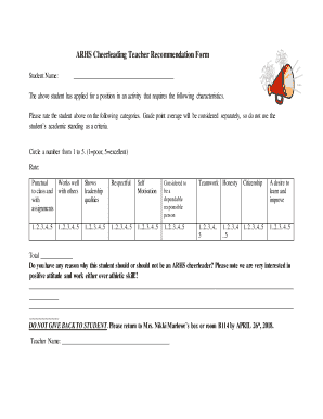 Fillable Online ARHS Cheerleading Teacher Recommendation Form Fax Email Print - pdfFiller