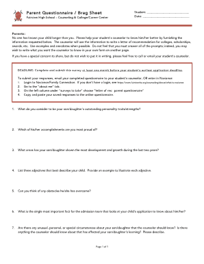 Fillable Online Parent Questionnaire / Brag Sheet Fairview High School ...