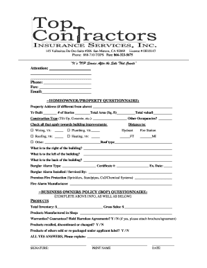Fillable Online HOMEOWNER PROPERTY BOP QUESTIONNAIRE Fax Email Print - pdfFiller