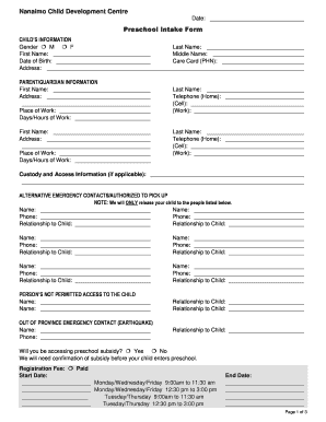 Fillable Online Nanaimo Child Development Centre Preschool Intake Form ...