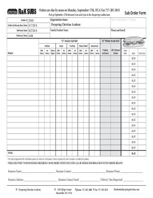 Fillable Online th Pick up September 27th Sub Order Form Fax Email ...