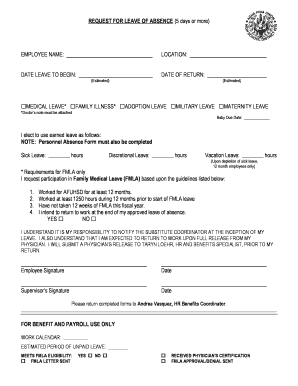 Fillable Online FMLA LEAVE OF ABSENCE REQUEST - aguafria.org Fax Email ...