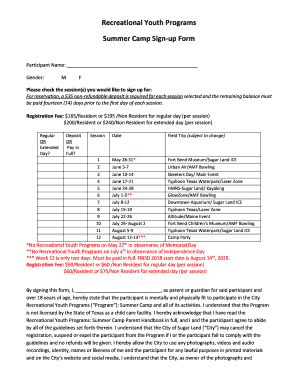 Fillable Online Recreational Youth Programs Summer Camp Sign-up Form ...
