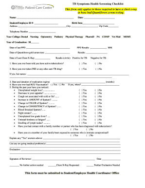 Fillable Online TB Symptoms Health Screening Checklist This form only ...