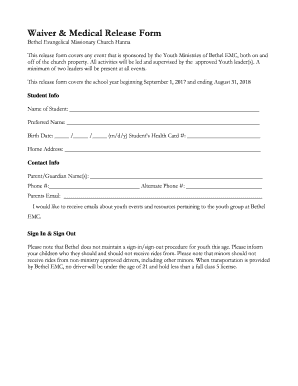 Fillable Online Bethel Church Agreement & Release Form Elevate Youth ...