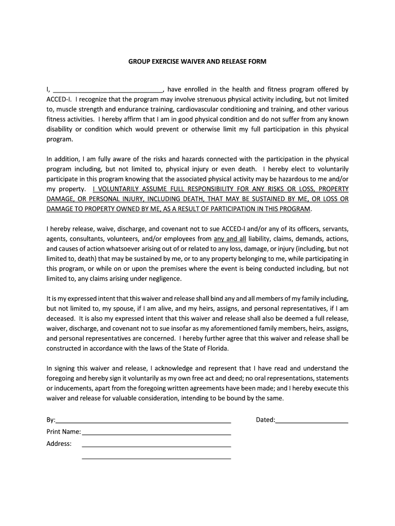 Fillable Online GROUP EXERCISE WAIVER AND RELEASE FORM I - ACCED-i Fax ...