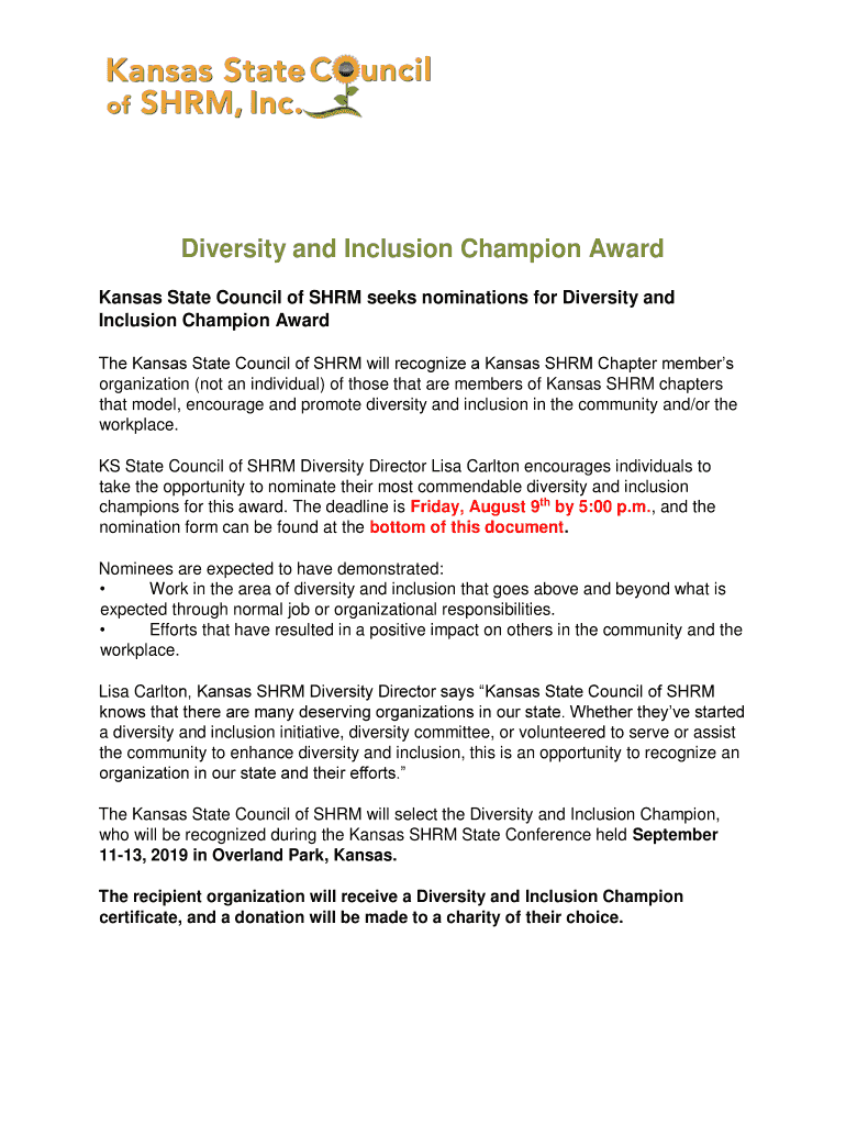 Fillable Online Diversity & Inclusion Champion - KS SHRM Fax Email Print - pdfFiller