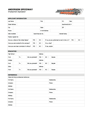 Fillable Online Employment Application - Anderson Speedway Fax Email ...