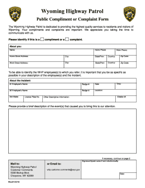 Fillable Online Public Compliment or Complaint Form - Wyoming Highway ...