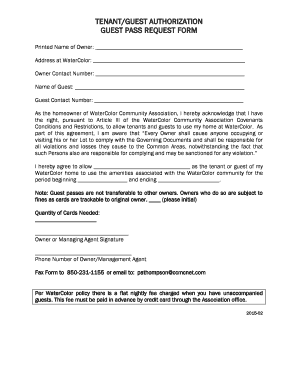 Fillable Online TENANT/GUEST AUTHORIZATION FORM Fax Email Print - pdfFiller