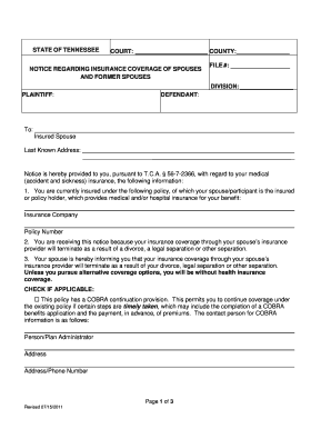 Fillable Online Notice Relative to Insurance Coverage of Spouses and ...