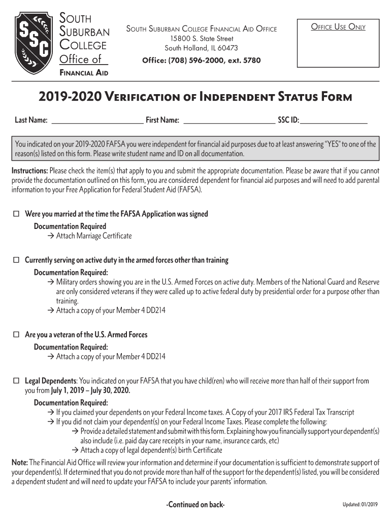 Fillable Online 2019-2020 Verification of Independent Status Form Fax ...