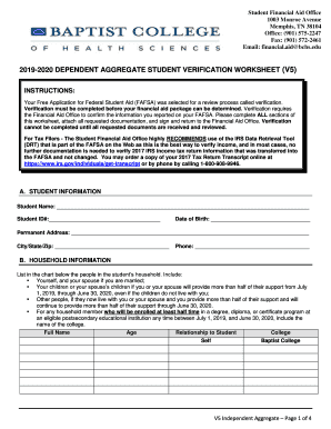 Fillable Online 2019-2020 DEPENDENT AGGREGATE STUDENT VERIFICATION ...