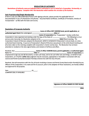 Fillable Online RESOLUTION OF AUTHORITY Sole Proprietorship/Single ...