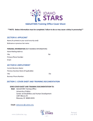Fillable Online IdahoSTARS Training Office Cover Sheet. Training Office ...