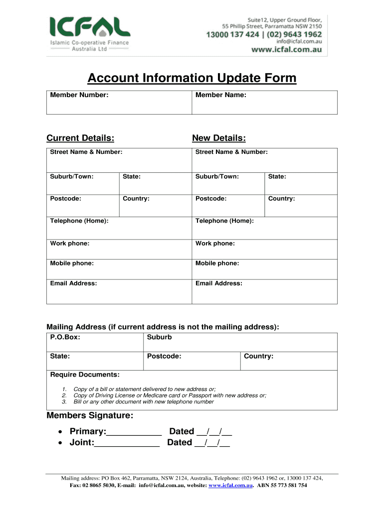 Fillable Online Account Information Update Form - icfal.com.au Fax ...