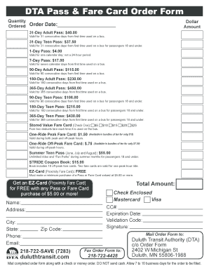 Fillable Online DTA Pass & Fare Card Order Form Fax Email Print - pdfFiller