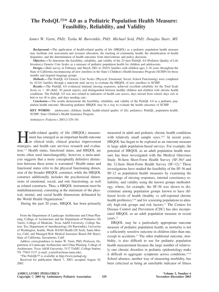 Fillable Online The PedsQL y * 4 . 0 as a Pediatric Population Health ...