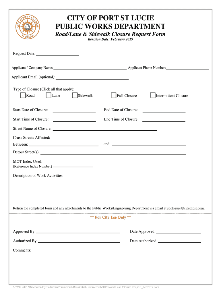 Fillable Online City of Port St Lucie Road Lane Closure Request Form ...