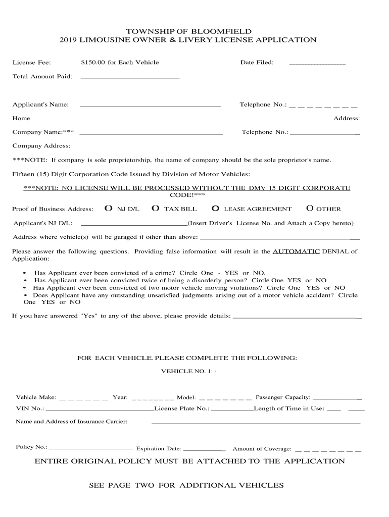 Fillable Online 2019 LIMOUSINE OWNER & LIVERY LICENSE APPLICATION Fax ...