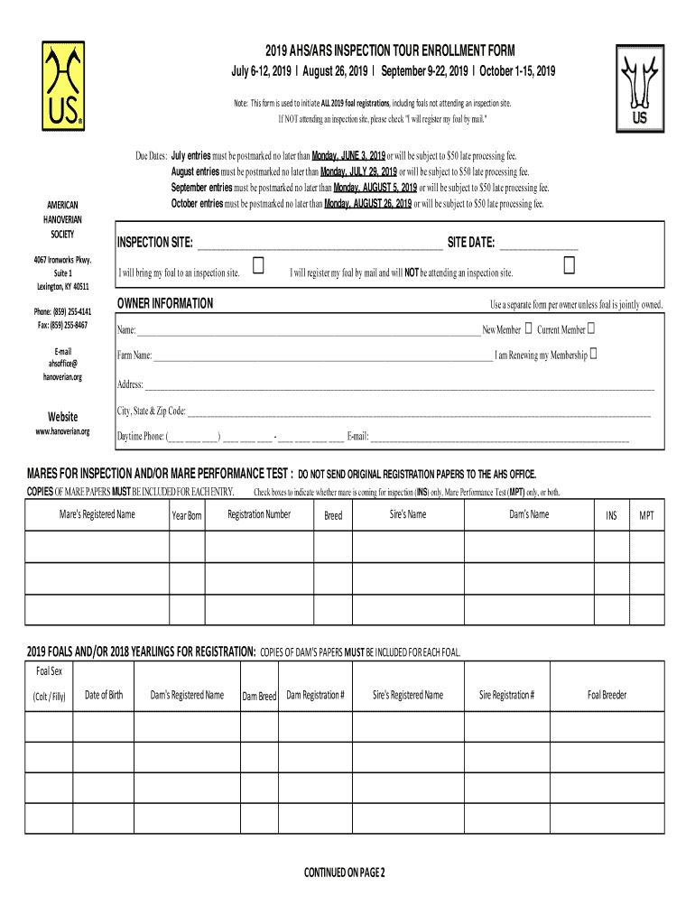 Fillable Online 2019 AHS/ARS Inspection Enrollment Form - the American ...
