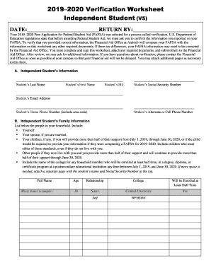 Fillable Online 2019 2020 Verification Worksheet Independent Student (V5) Fax Email Print ...