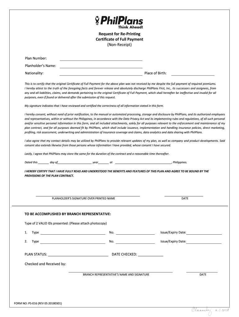 Fillable Online Request for Re-Printing Certificate of Full Payment ...
