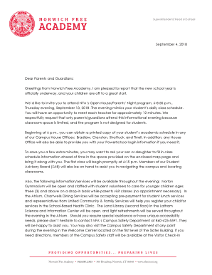 Fillable Online 2018-19 Open House/Parent's Night Letter. Parent ...