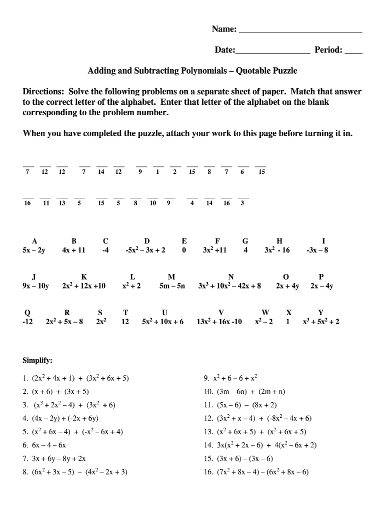 Puzzling Problem Subtracting Polynomials Answer Key Fill Online 
